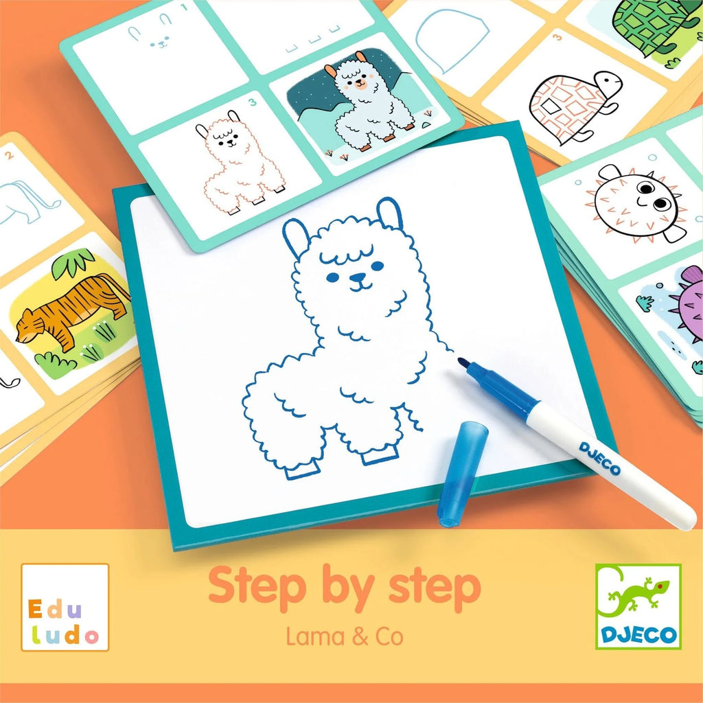 Apprendre à dessiner Step by step Lama & Co - Djeco – 123 Famille
